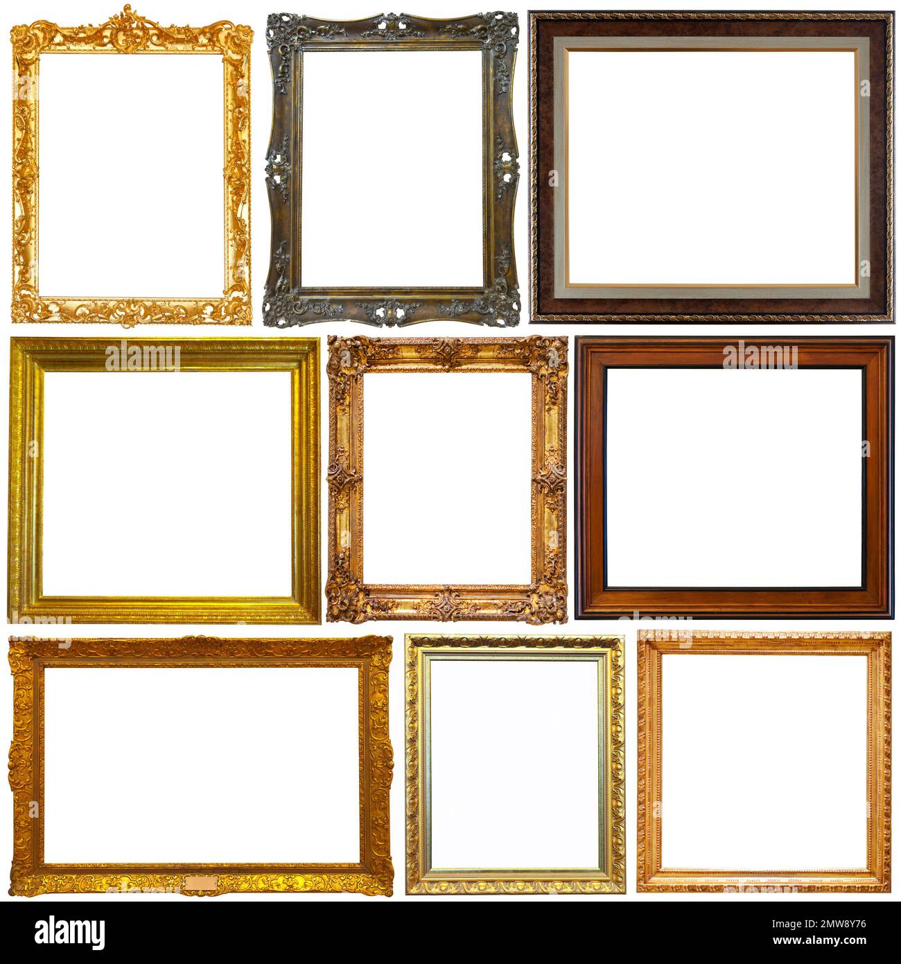 Collection of old empty art frames in different shapes isolated Stock ...
