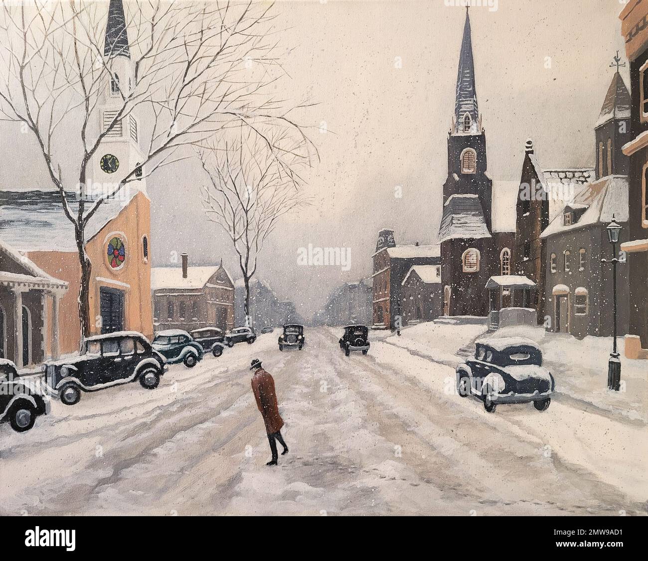 Nostalgic painting of a snowy winter day in a typical small U.S. town ...