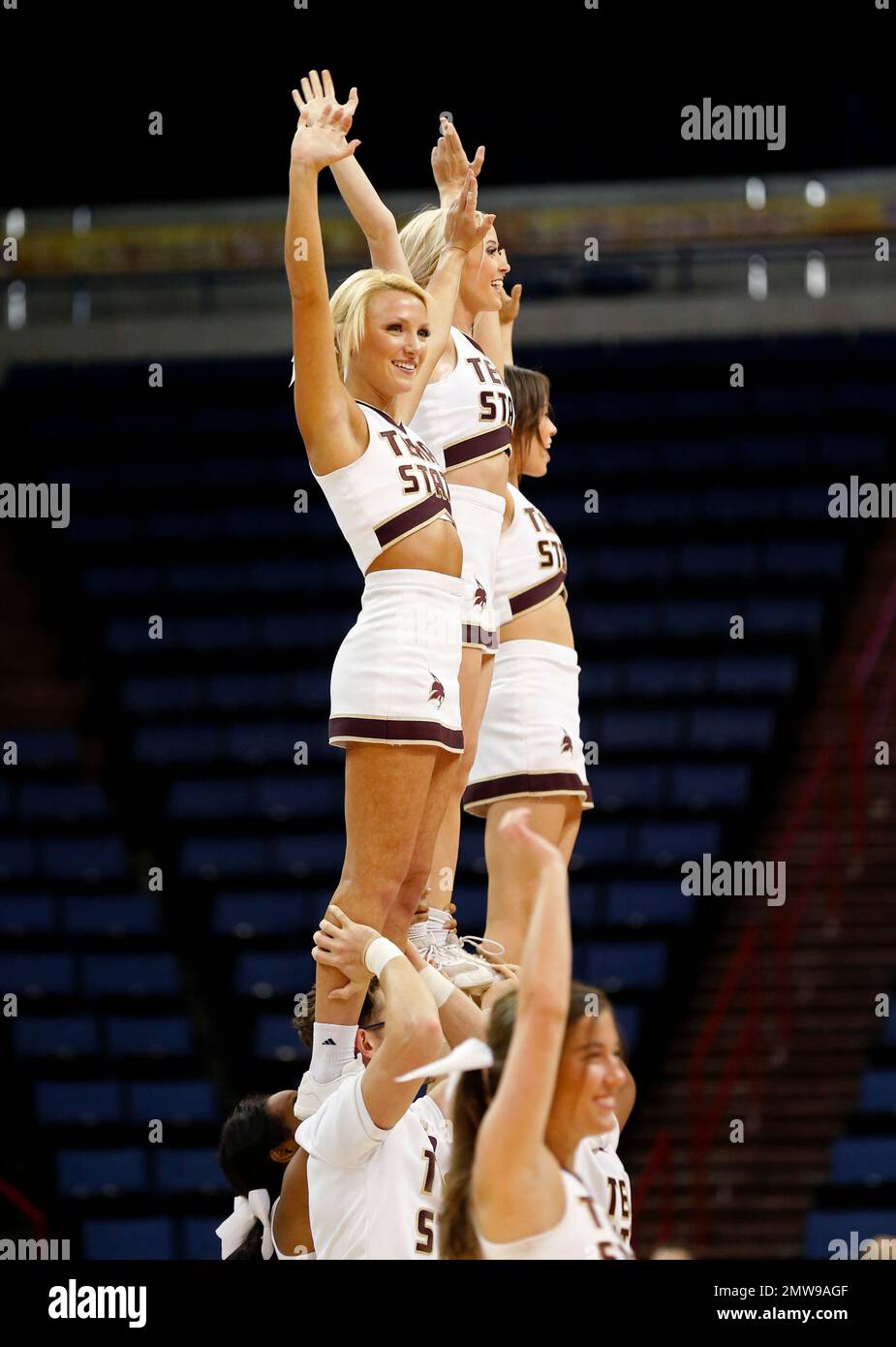 Texas State cheerleaders perform during the Sun Belt Conference NCAA ...
