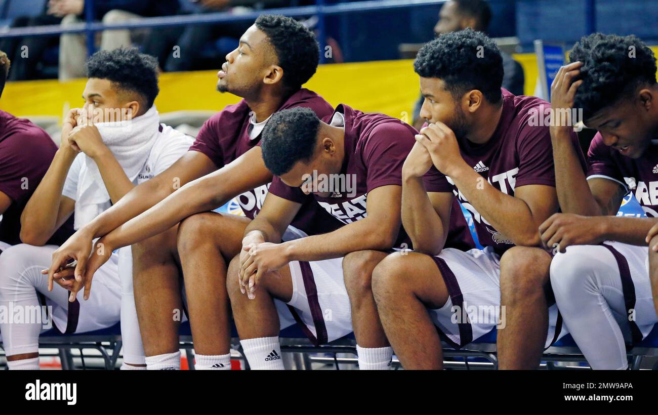 The Texas State bench reacts in the final minute of the Sun Belt ...