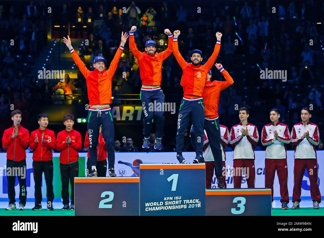 Team Netherlands, center and gold medal, team China, left and silver ...