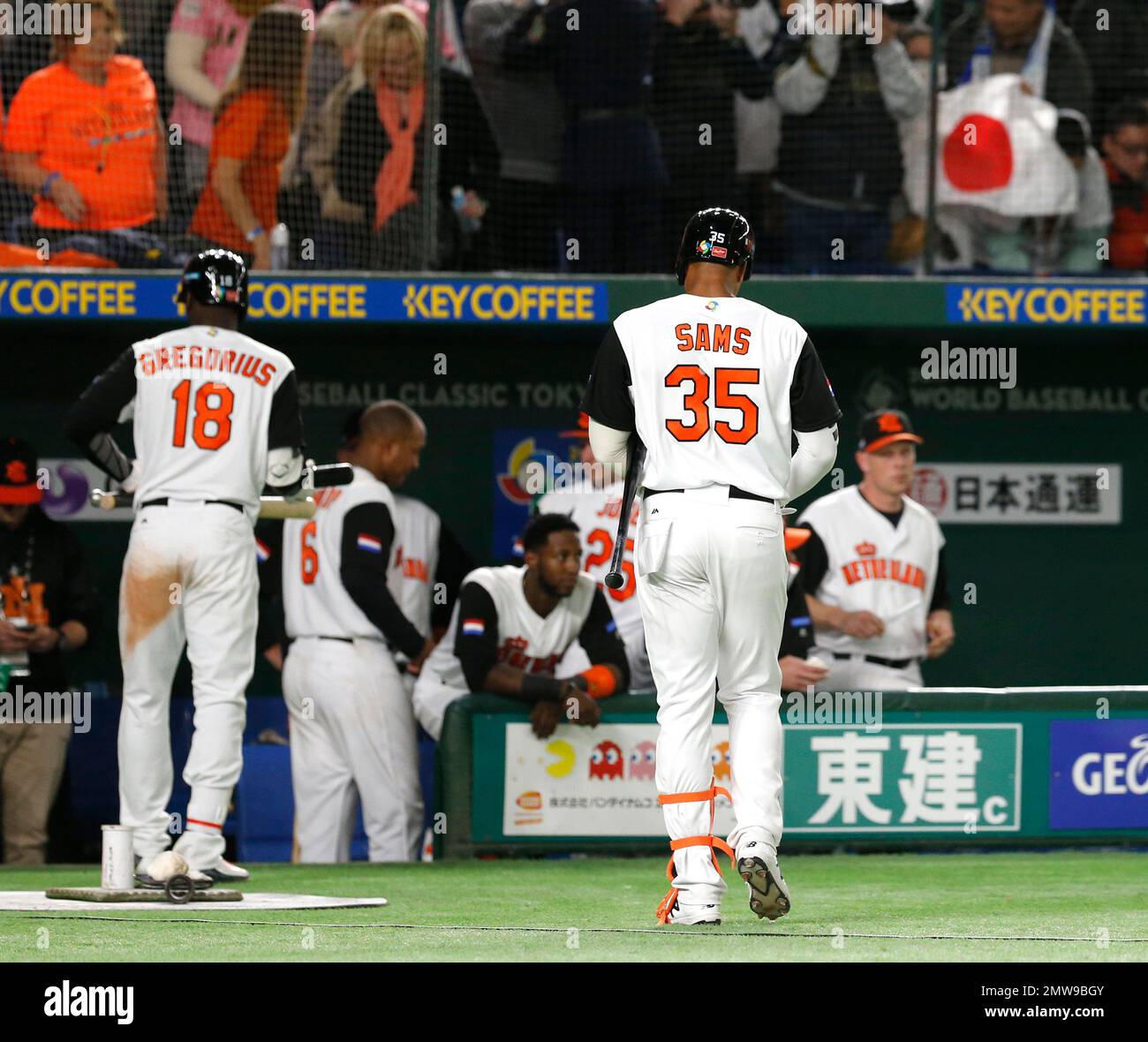 Netherlands' Kalian Sams (35) leaves for his dugout after popping up to ...