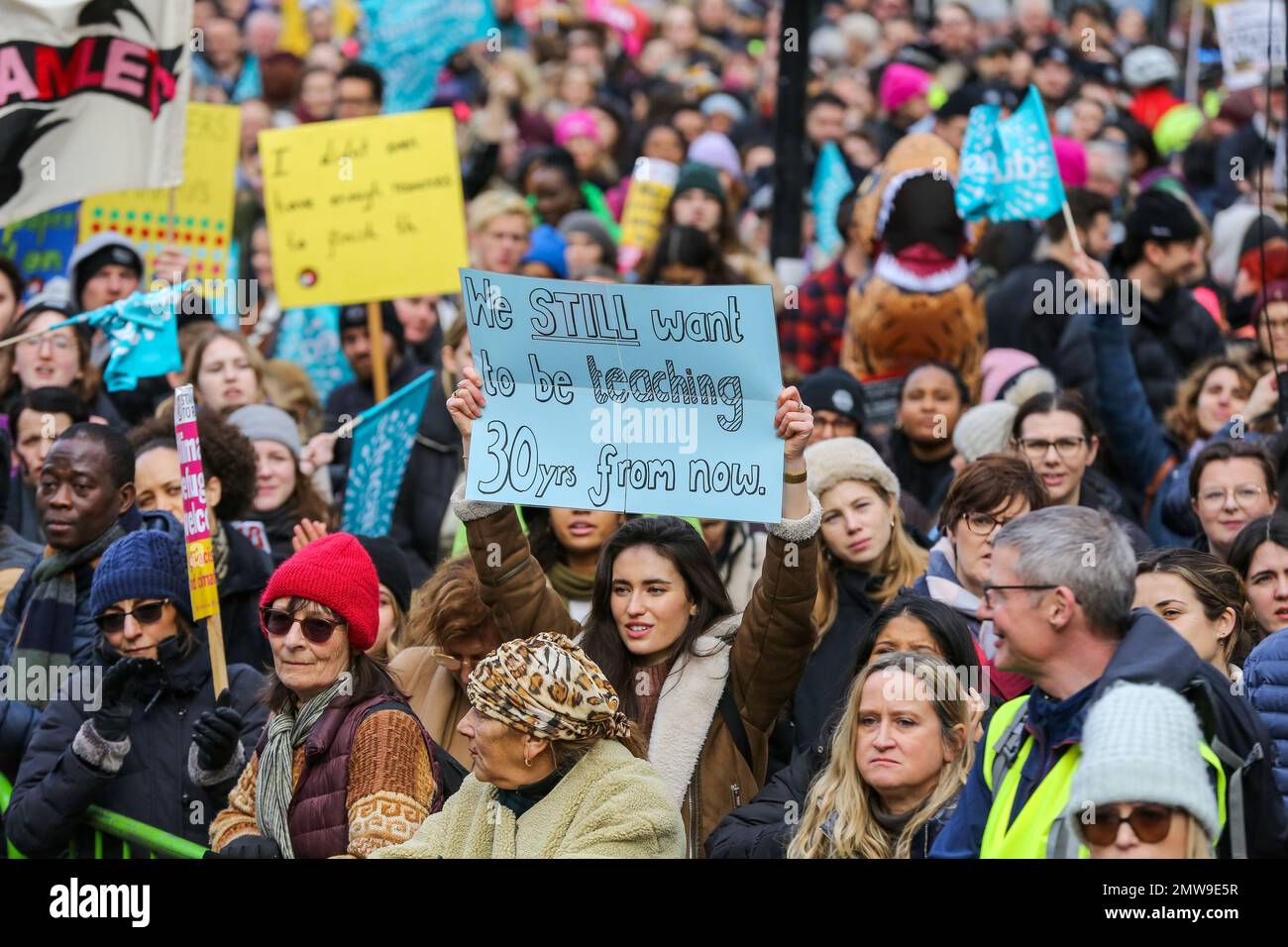 London, UK. 1st Feb, 2023. People protest in central London, Britain ...