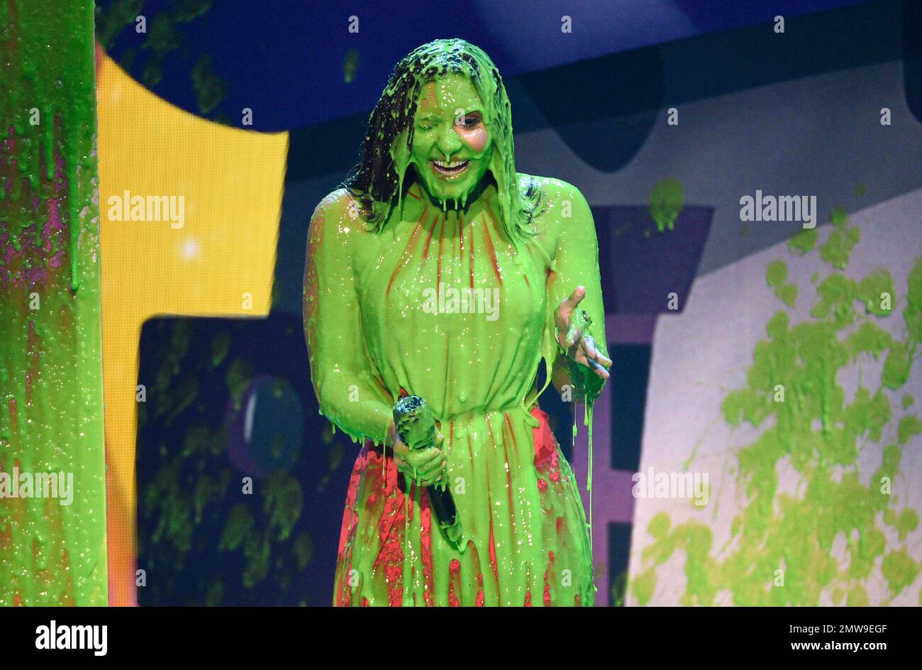 Demi Lovato reacts after being slimed at the Kids' Choice Awards at the ...