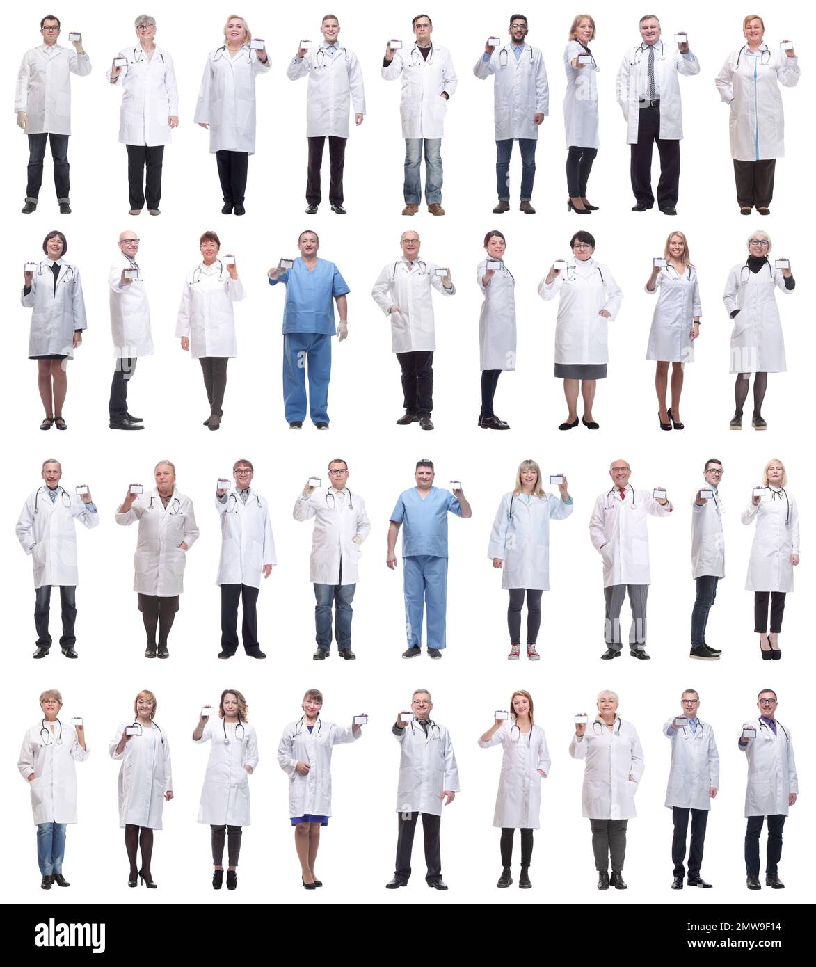 full length group of doctors showing badge isolated Stock Photo - Alamy
