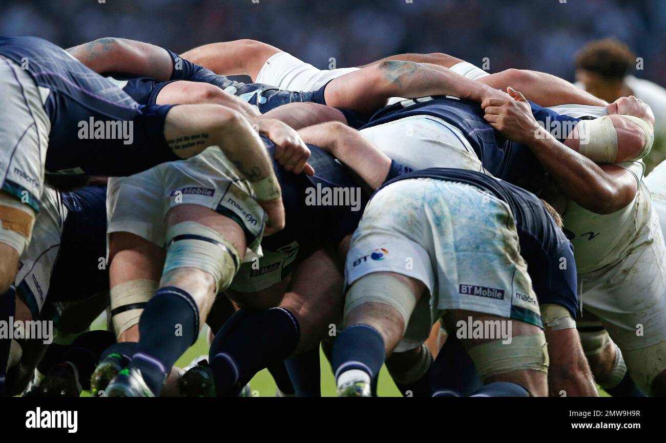 The teams pack down for a scrum during the Six Nations rugby union ...