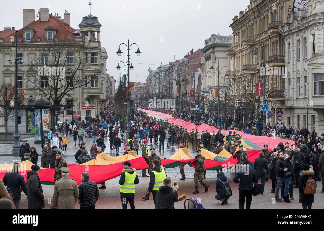 People carry a giant Lithuanian flag during a celebration of Lithuania ...