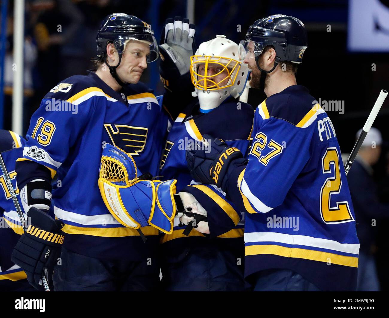 St. Louis Blues' Jay Bouwmeester, left, goalie Jake Allen and Alex ...