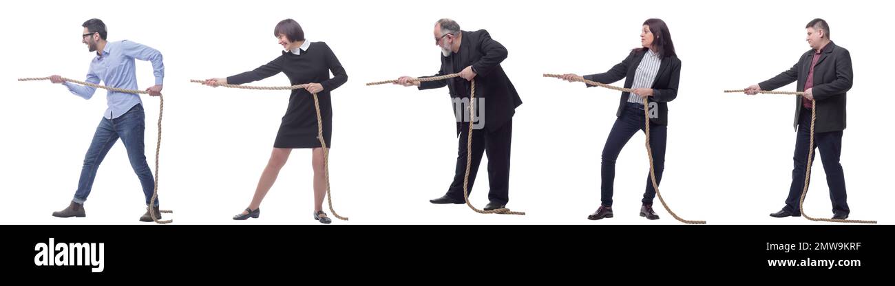 Business people pulling rope isolated on white Stock Photo - Alamy