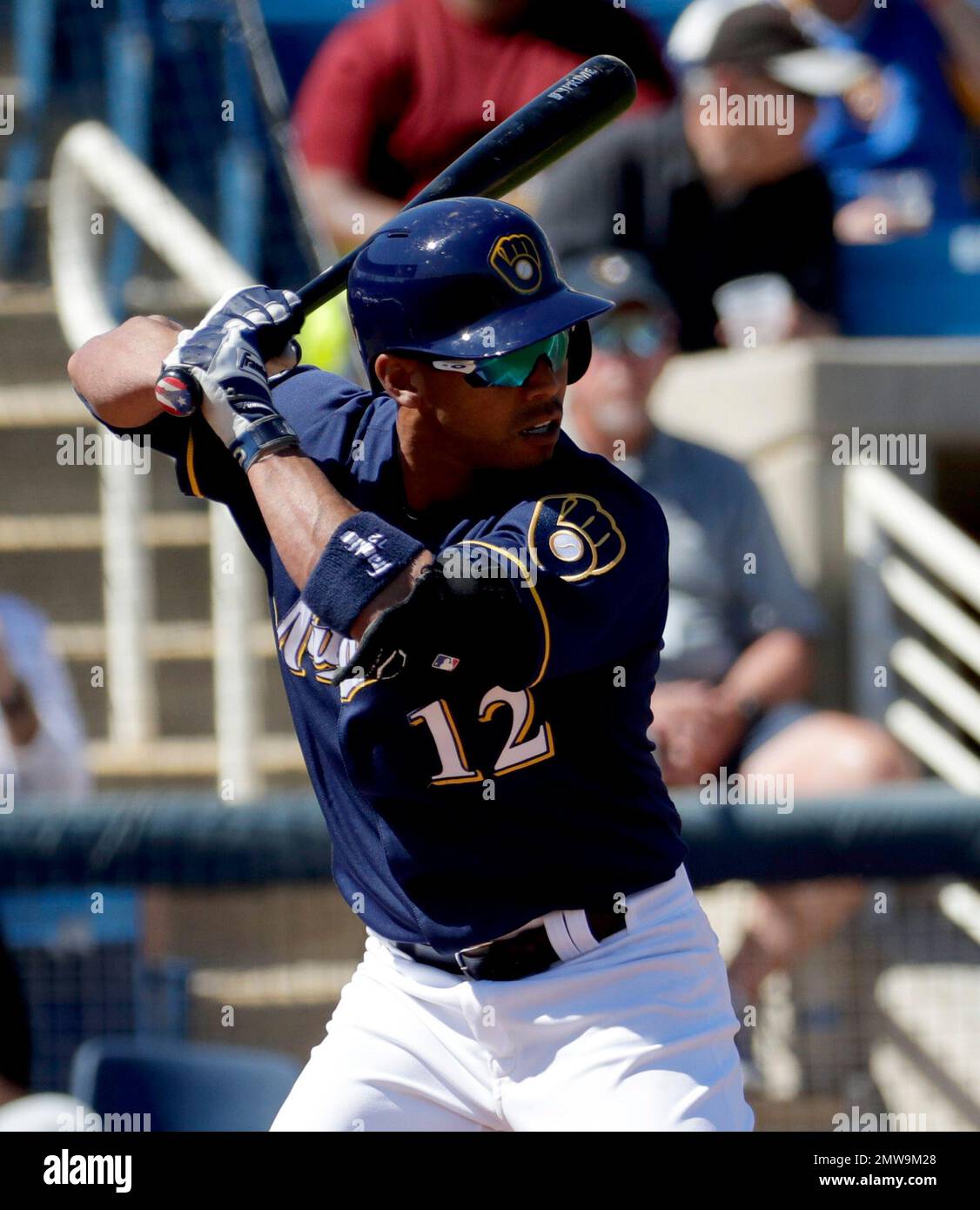 Milwaukee Brewers shortstop Ivan De Jesus (12) hits against the Chicago ...
