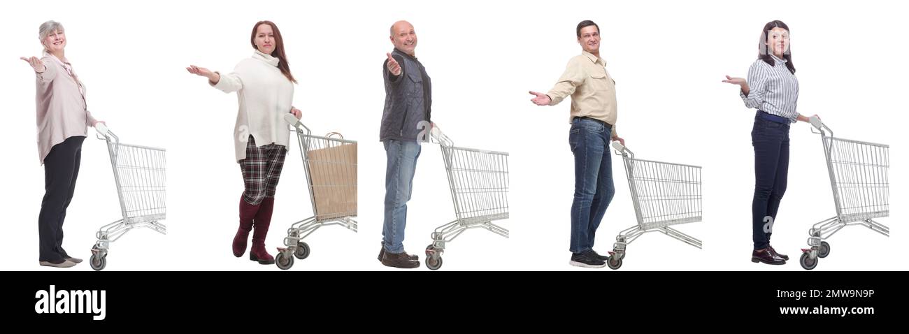 group of people with shopping cart on white Stock Photo - Alamy