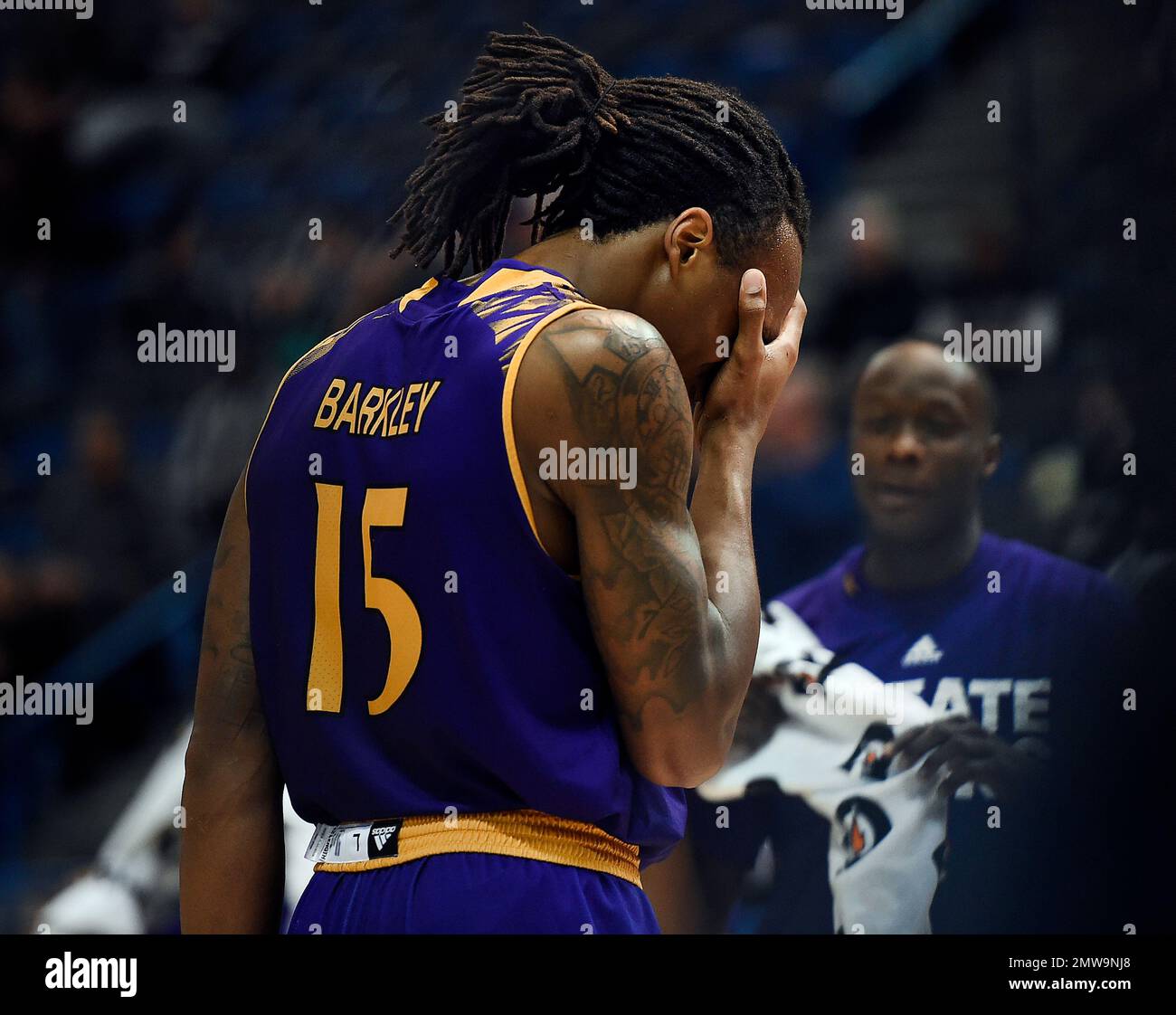 East Carolina's Kentrell Barkley reacts at the end of an NCAA college ...