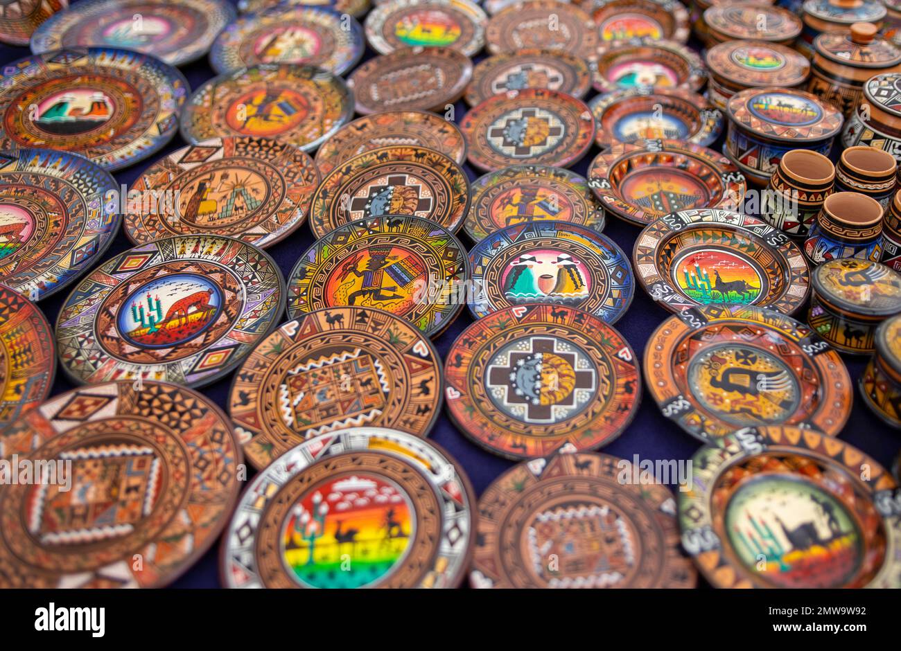 Peruvian souvenirs of ashtrays and plates Stock Photo - Alamy