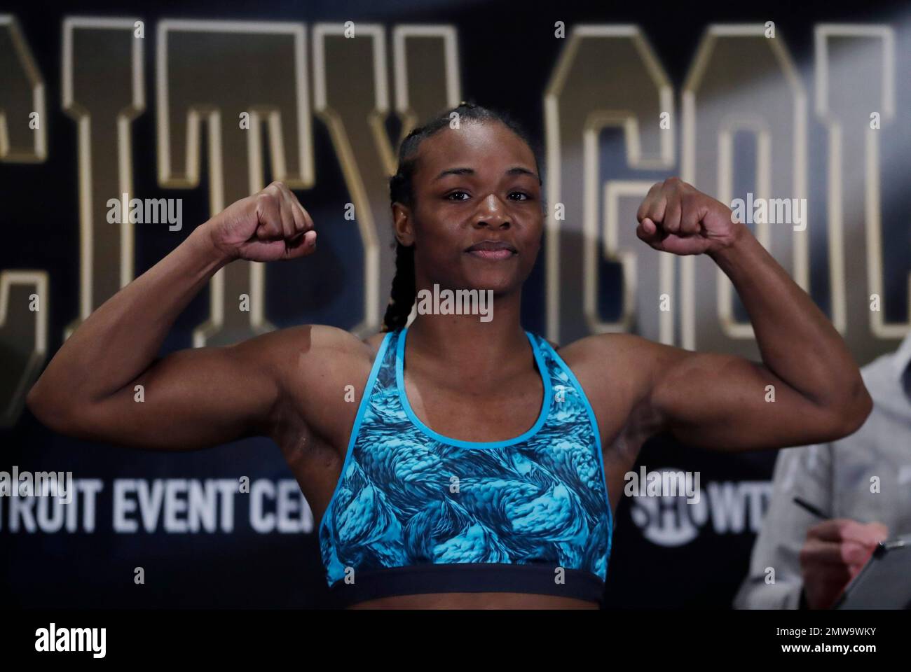 Two-time Olympic gold medalist Claressa Shields poses after her weigh ...