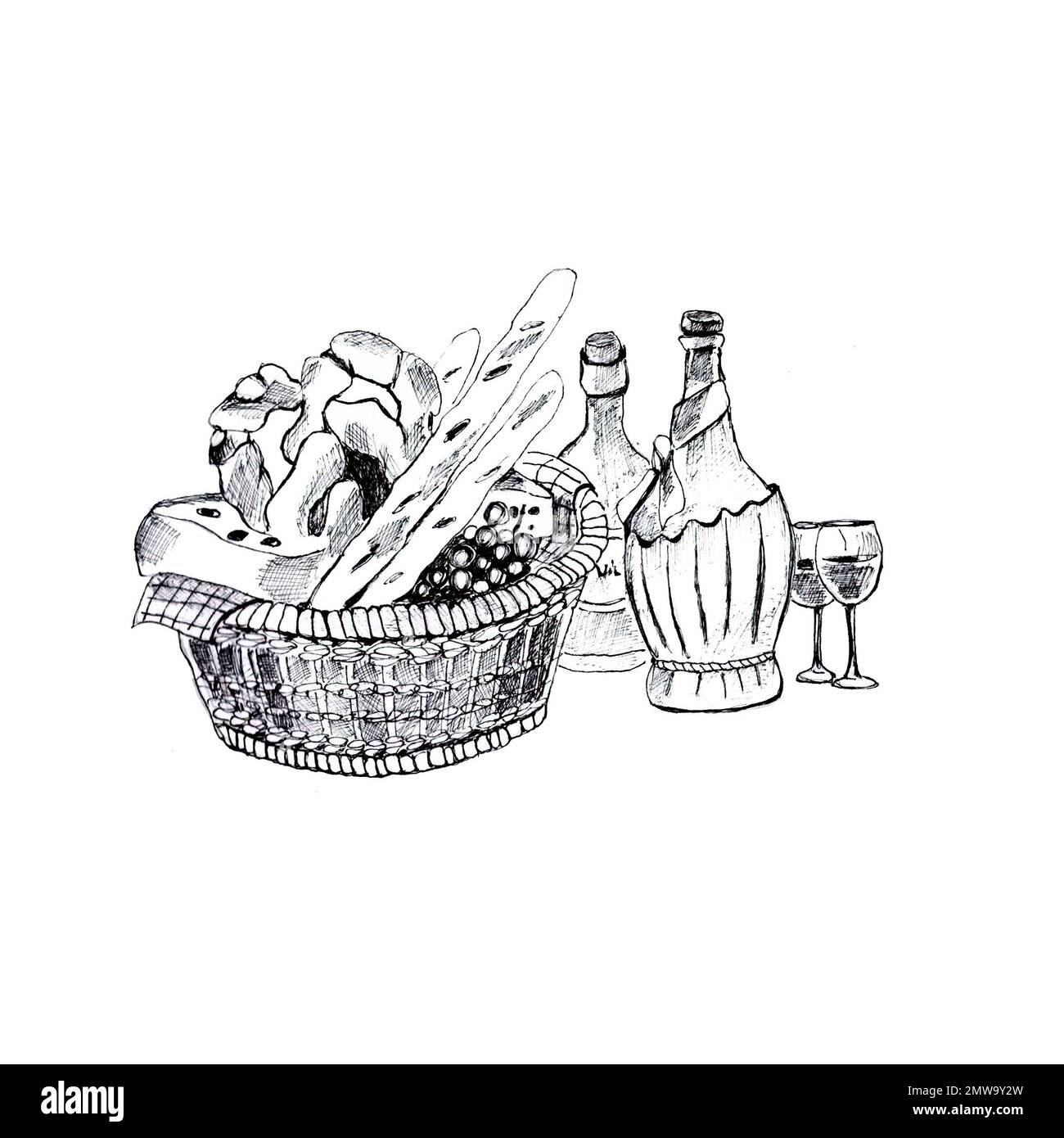 Hand drawn sketch illustration of bakery basket with different kind of ...