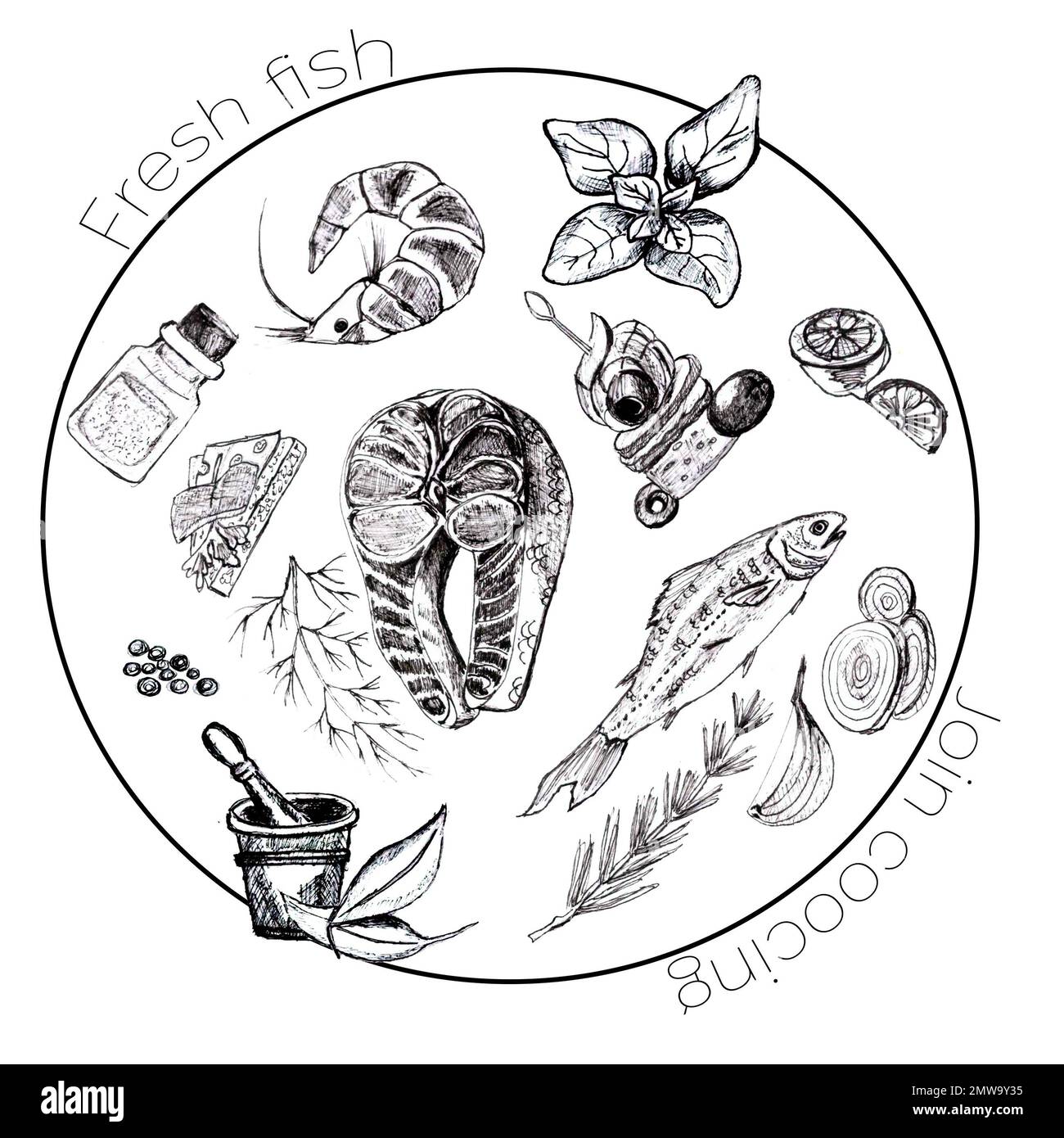 Hand drawn seafood and spices set in graphic style. Animal sea products ...