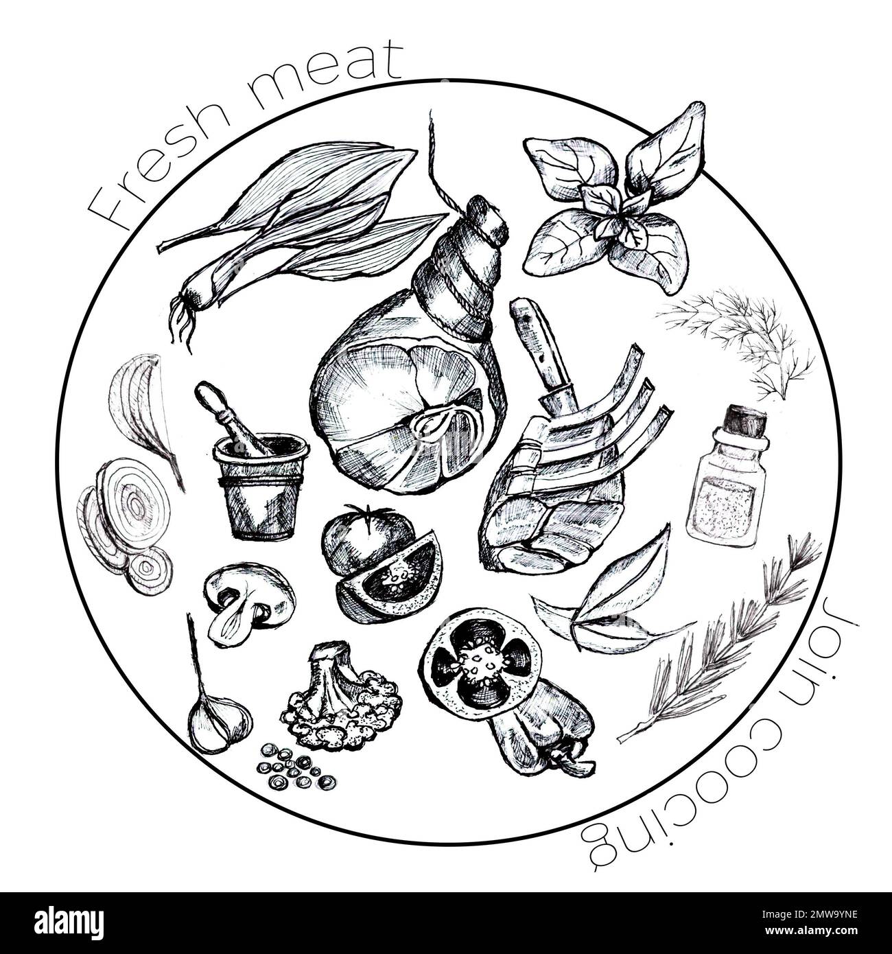 Hand drawn sketch set of farm products, liner food illustration of meat ...