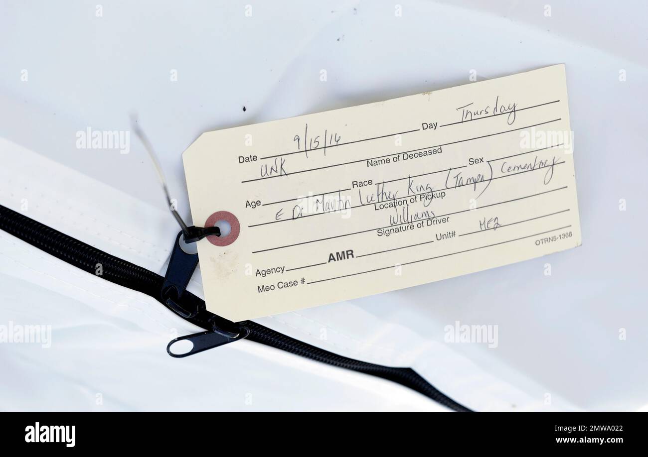 This Sept. 15, 2016 photo shows a body tag on the remains of an ...