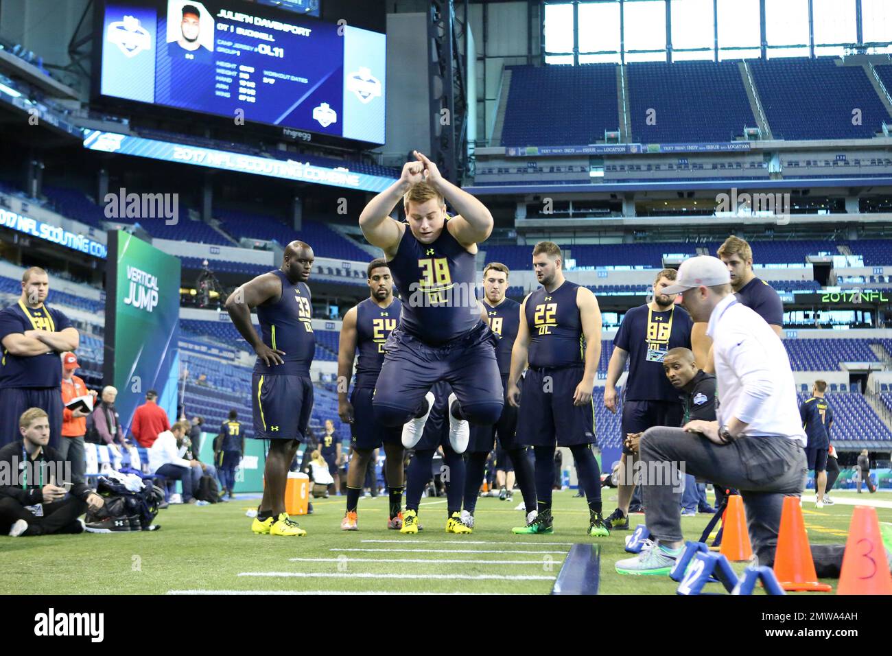 Wyoming center Chase Roullier competes in the broad jump at the 2017 ...