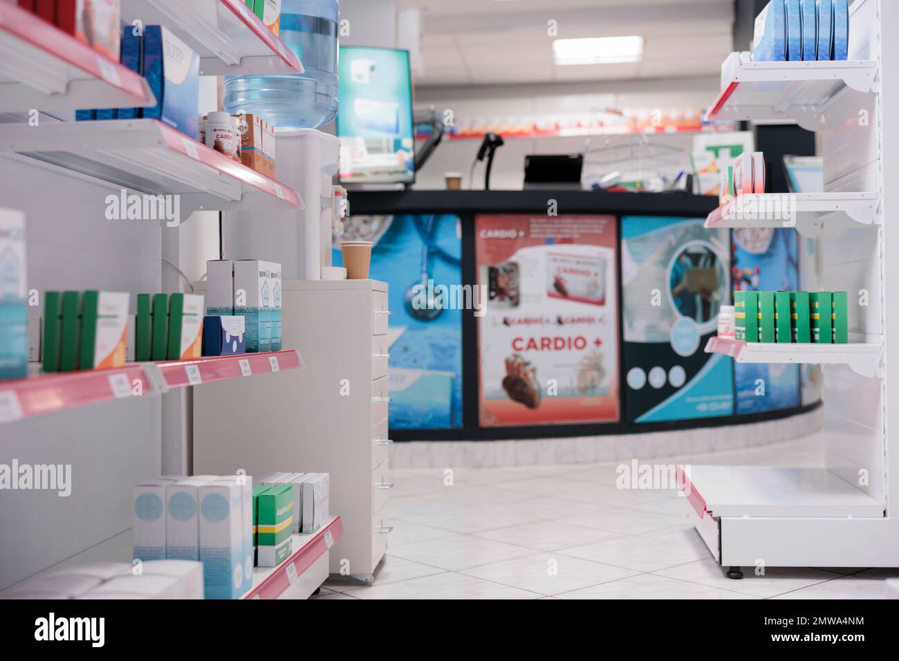 Empty pharmacy equipped with medicaments containers and supplements ...