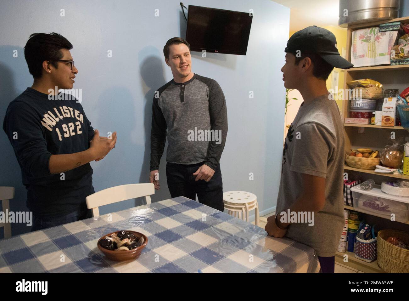 In this Tuesday, Feb. 28, 2017 photo, Jesse Silverberg, center, Axel ...