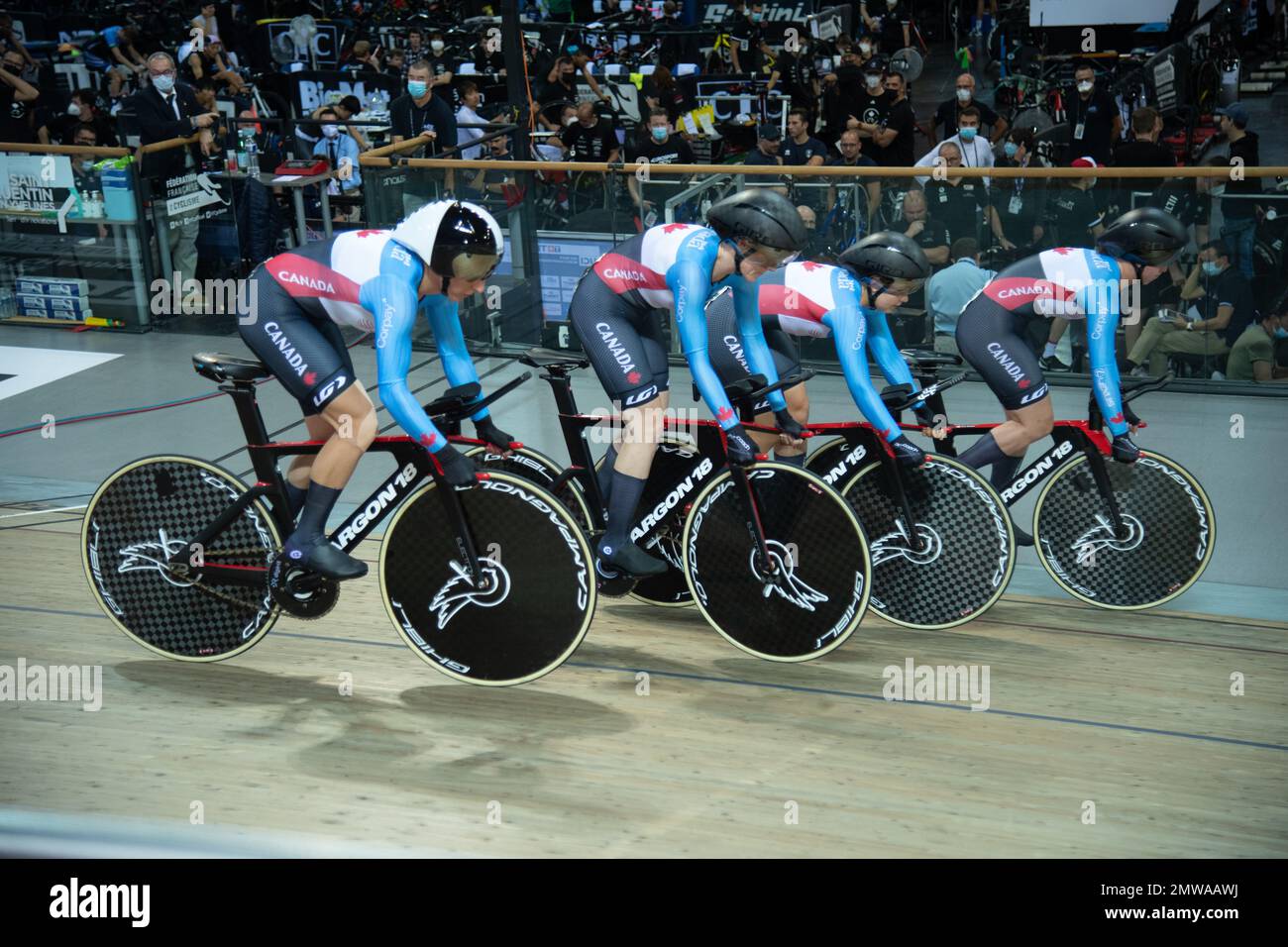 Canada's women team pursuit squad during qualification at the UCI Track ...