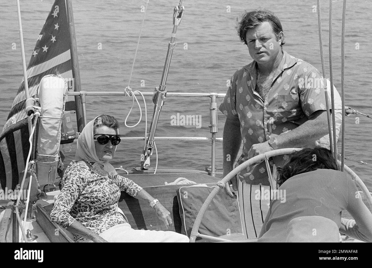 Sen. Edward M. Kennedy (D-Mass.) is pictured aboard the 54-foot sloop ...