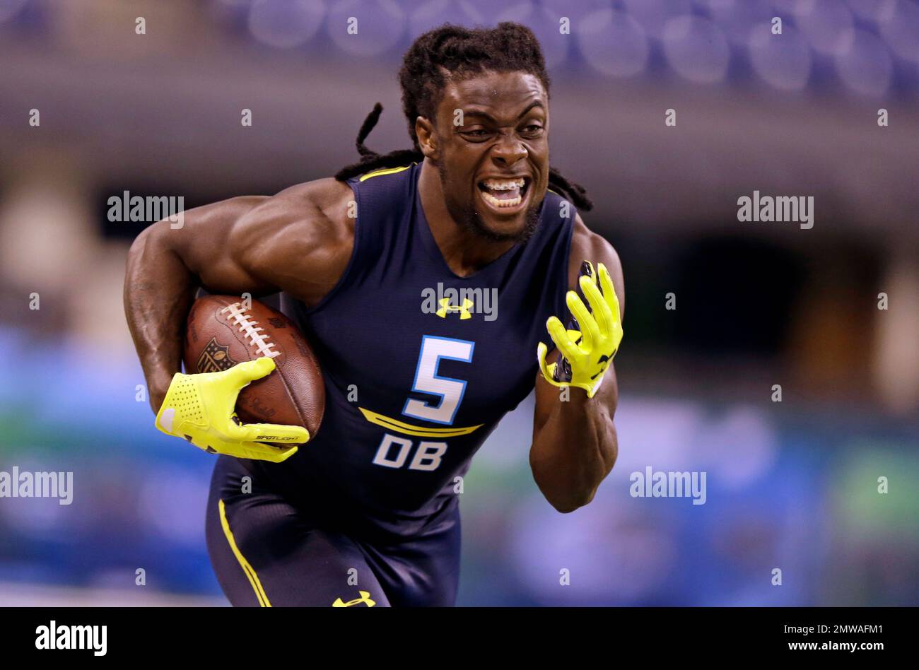 Miami defensive back Jamal Carter runs a drill at the NFL football ...