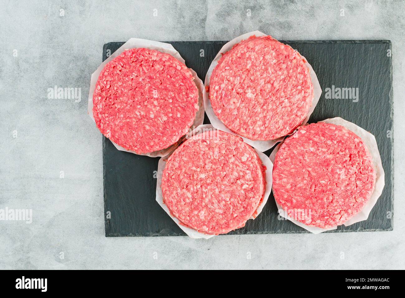 Burger patties close-up. Fresh raw burger patties close-up on a grey ...