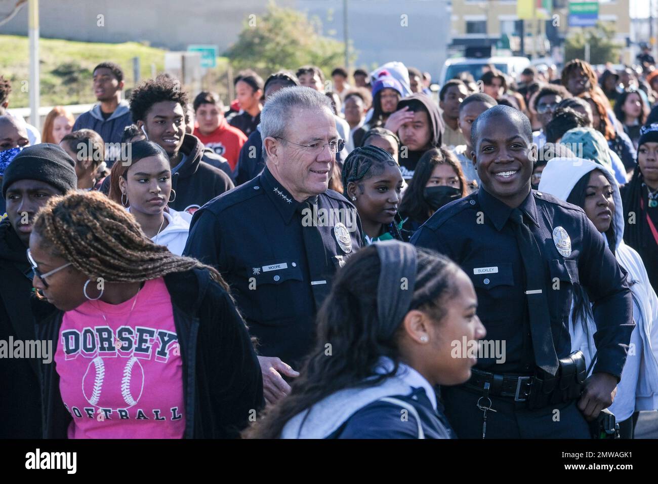 Los Angeles, California, USA. 1st Feb, 2023. Los Angeles police chief Michael Moore walks with ...
