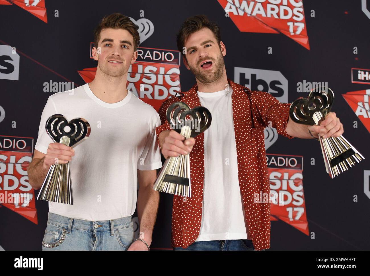 Drew Taggart, left, and Alex Pall, of the Chainsmokers, pose with the ...