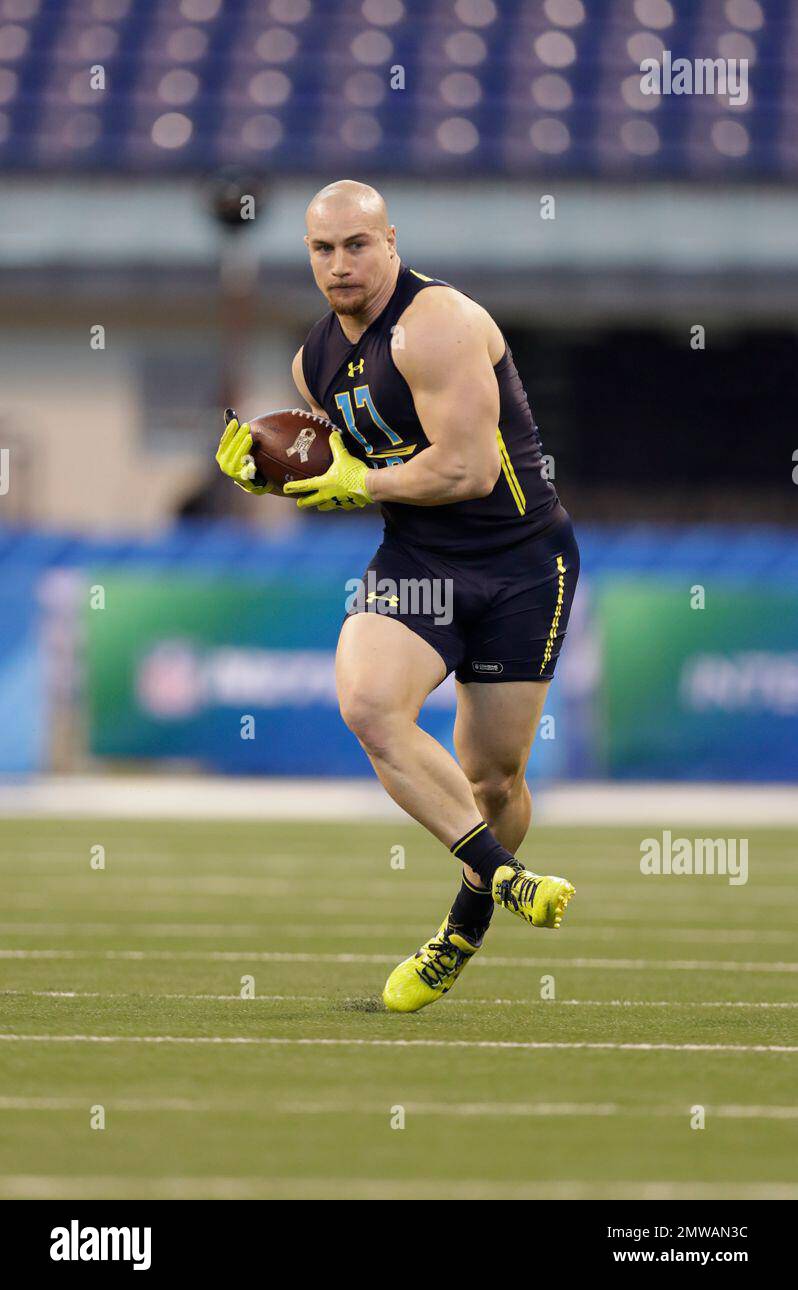 Lindenwood linebacker Connor Harris runs a drill at the NFL football ...