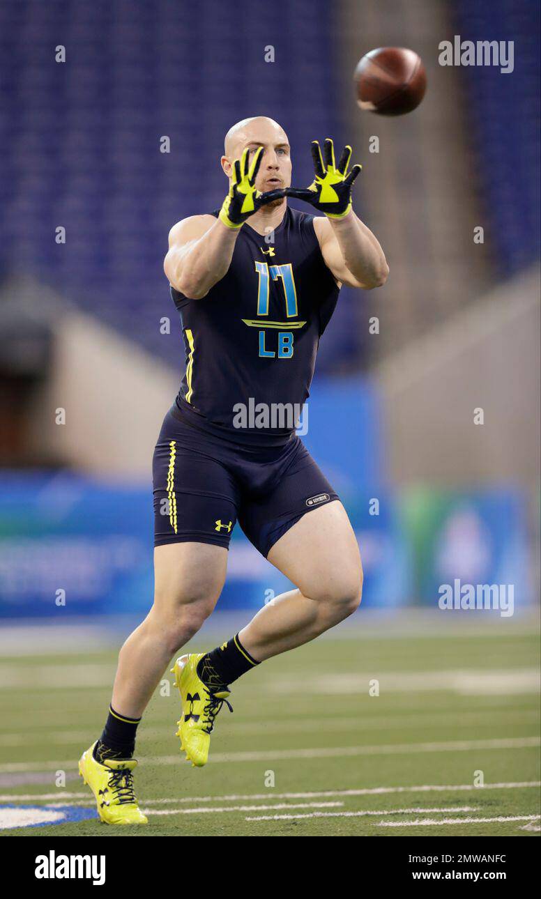 Lindenwood linebacker Connor Harris runs a drill at the NFL football ...
