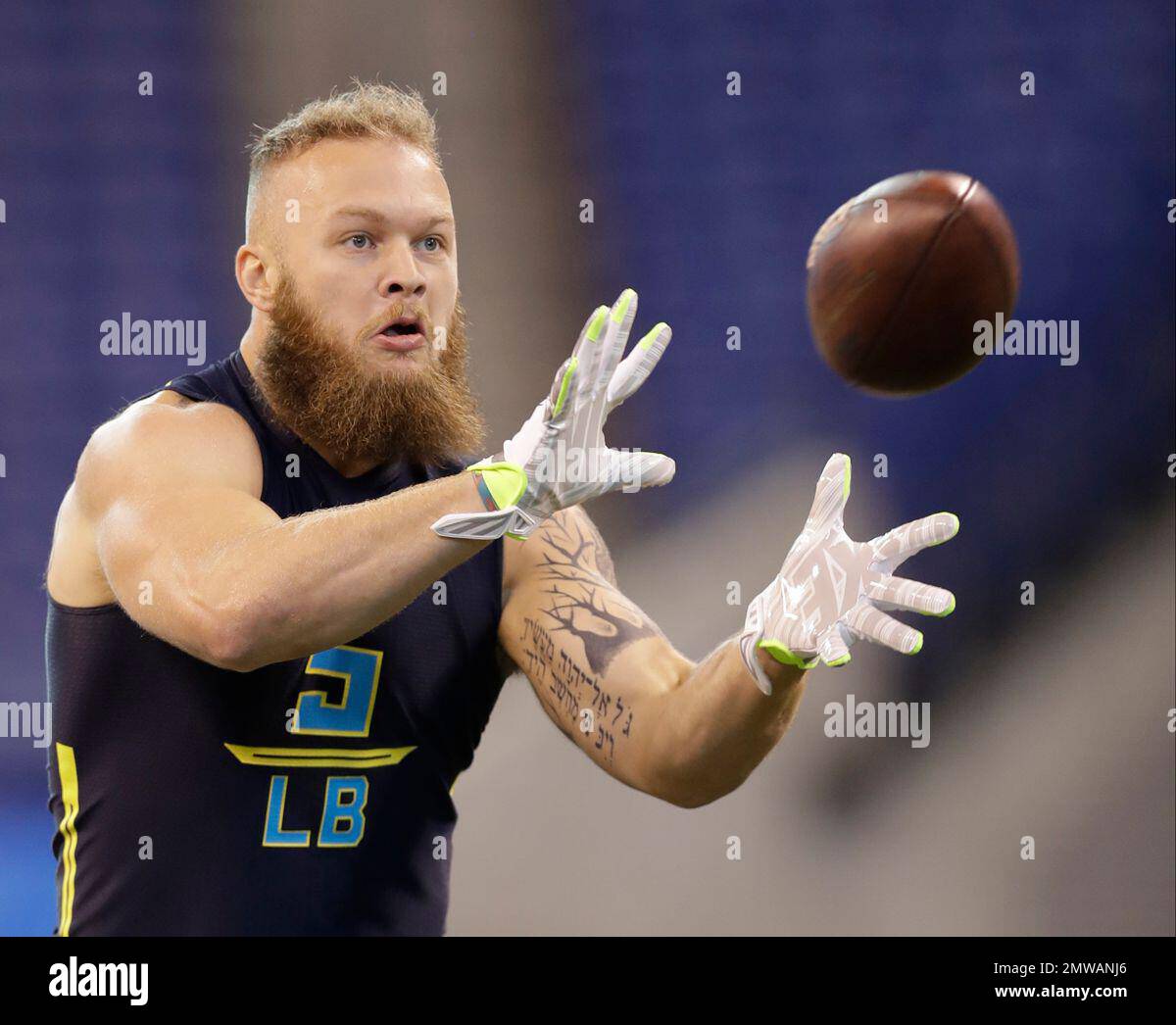 Clemson linebacker Ben Boulware runs a drill at the NFL football ...