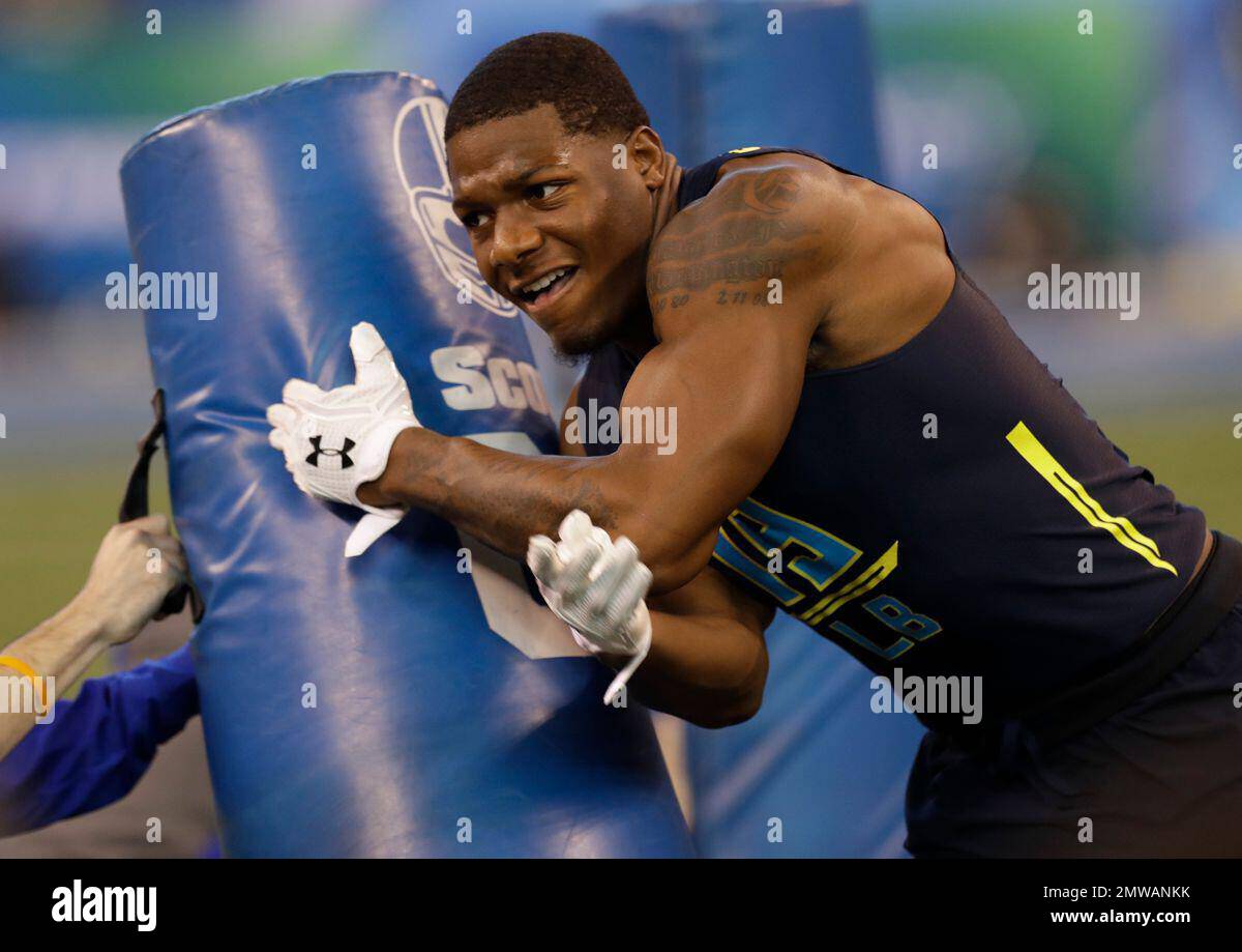 Wake Forest linebacker Marquel Lee runs a drill at the NFL football ...