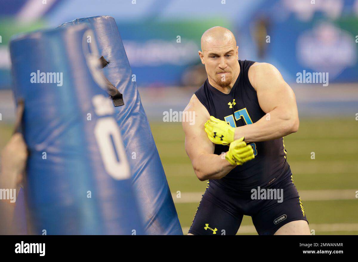 Lindenwood linebacker Connor Harris runs a drill at the NFL football ...