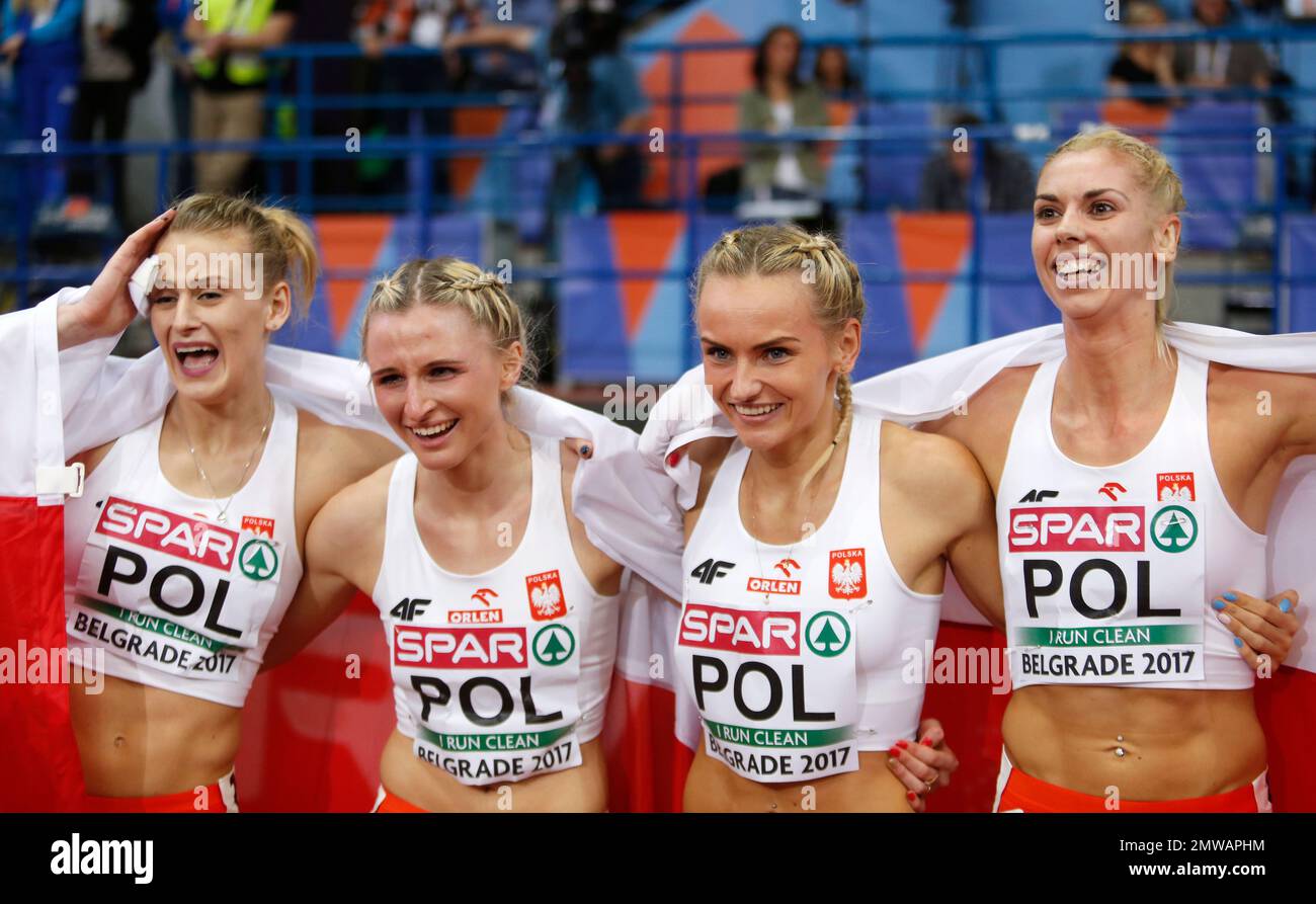 The relay team from Poland celebrate after winning the gold medal in ...
