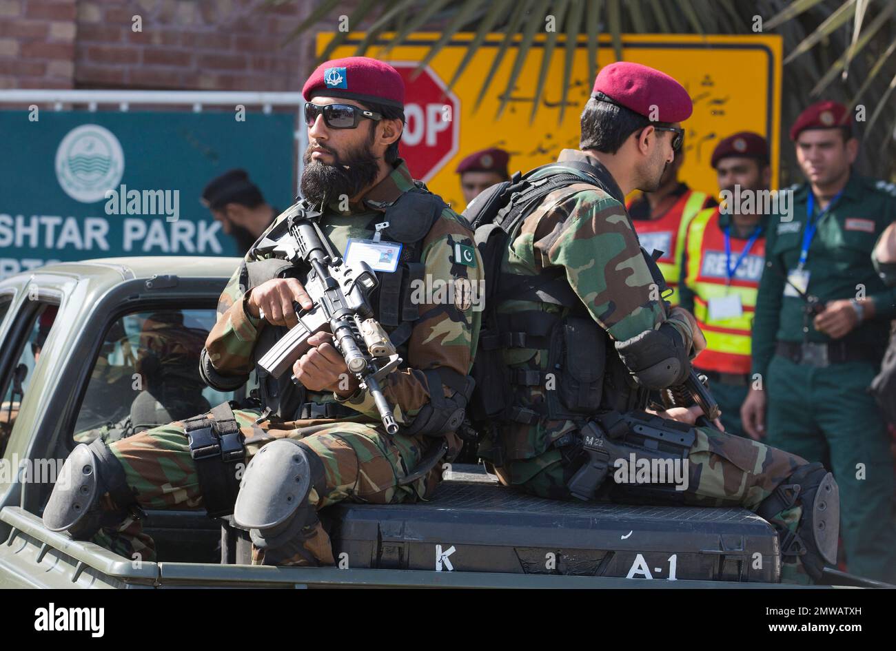Pakistani army commandos guard the Gaddafi stadium in Lahore, Pakistan ...
