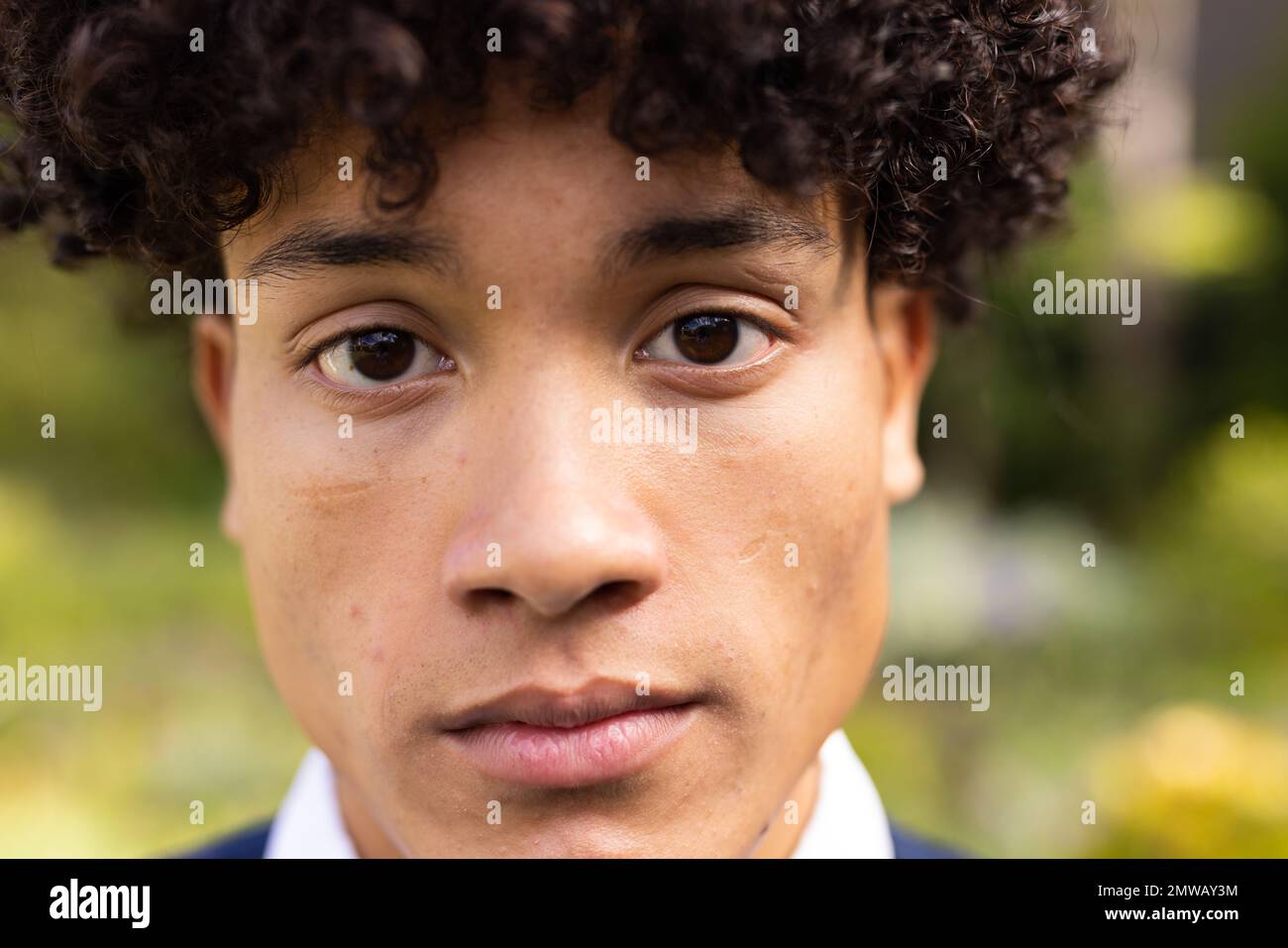Close up portrait of thoughtful biracial groom with curly hair in garden at outdoor wedding ...
