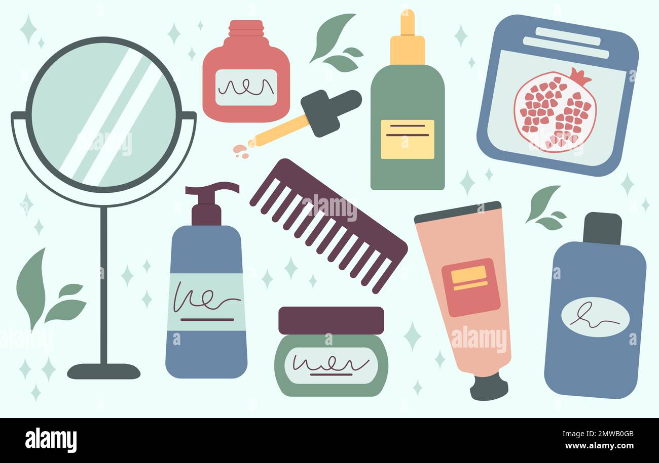 Big Collection Of Beauty Products For Daily Skin Routine Vector ...