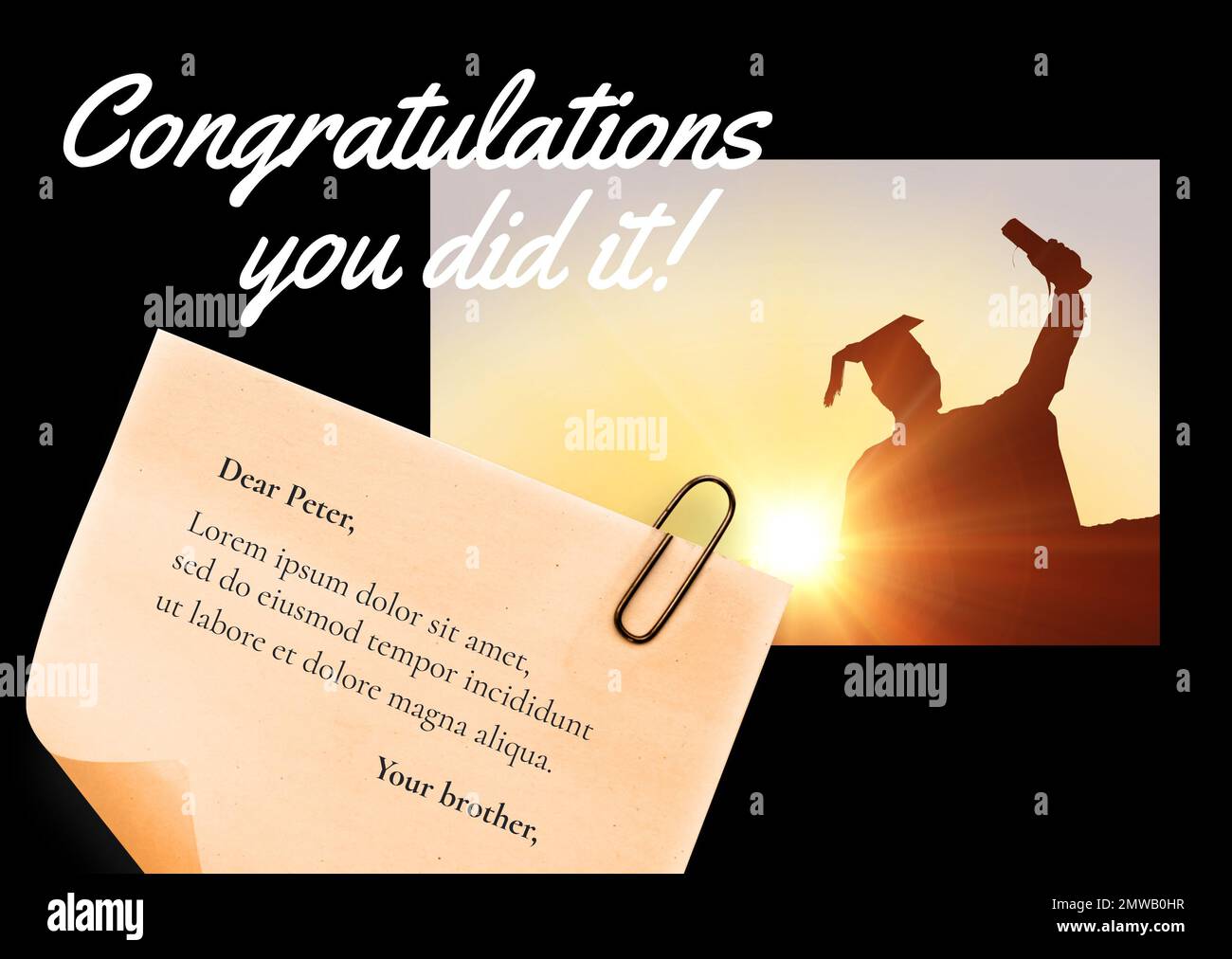 Composite of boy wearing graduation gown and mortarboard with ...