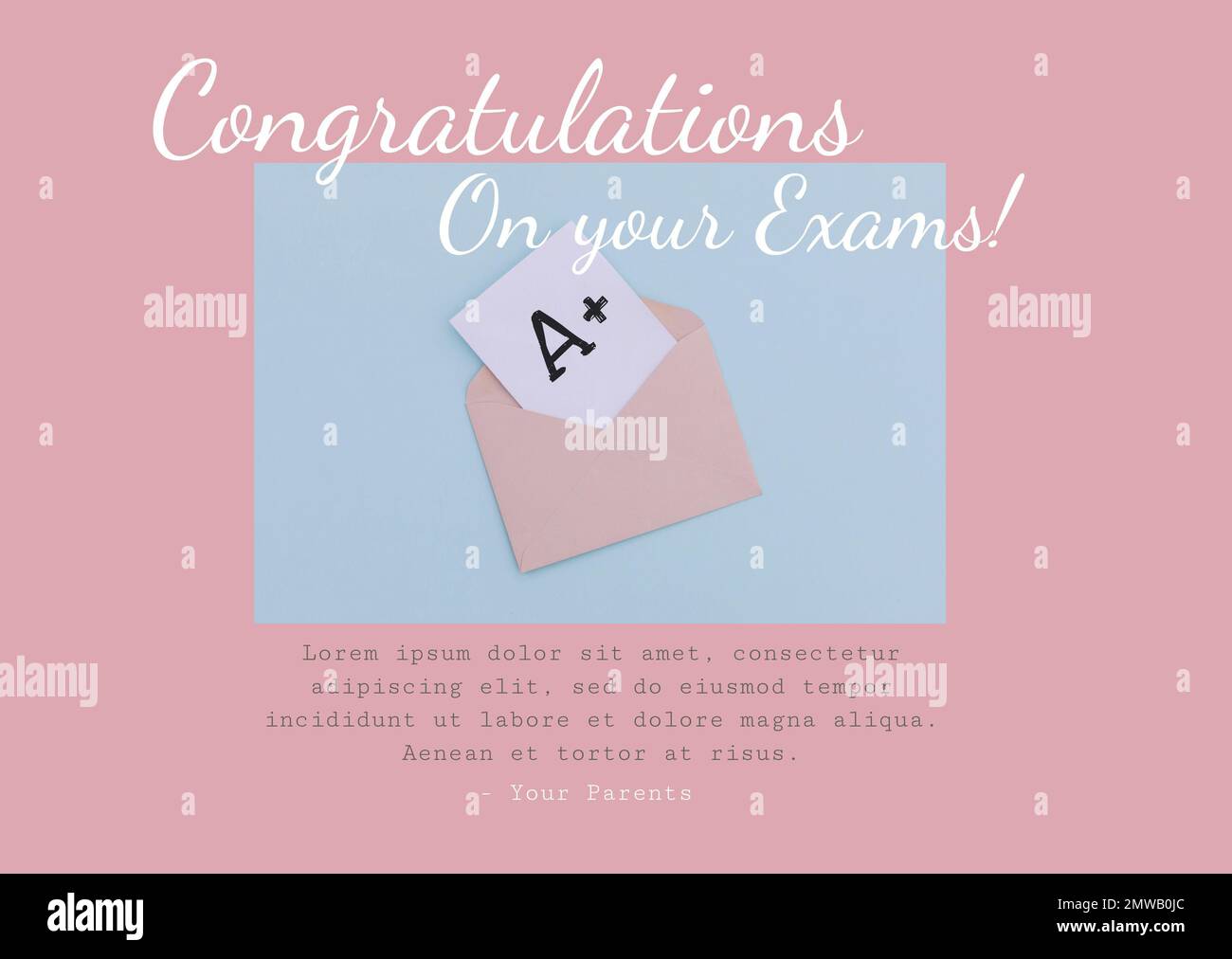Composite of envelope with a grade and congratulations on your exams ...