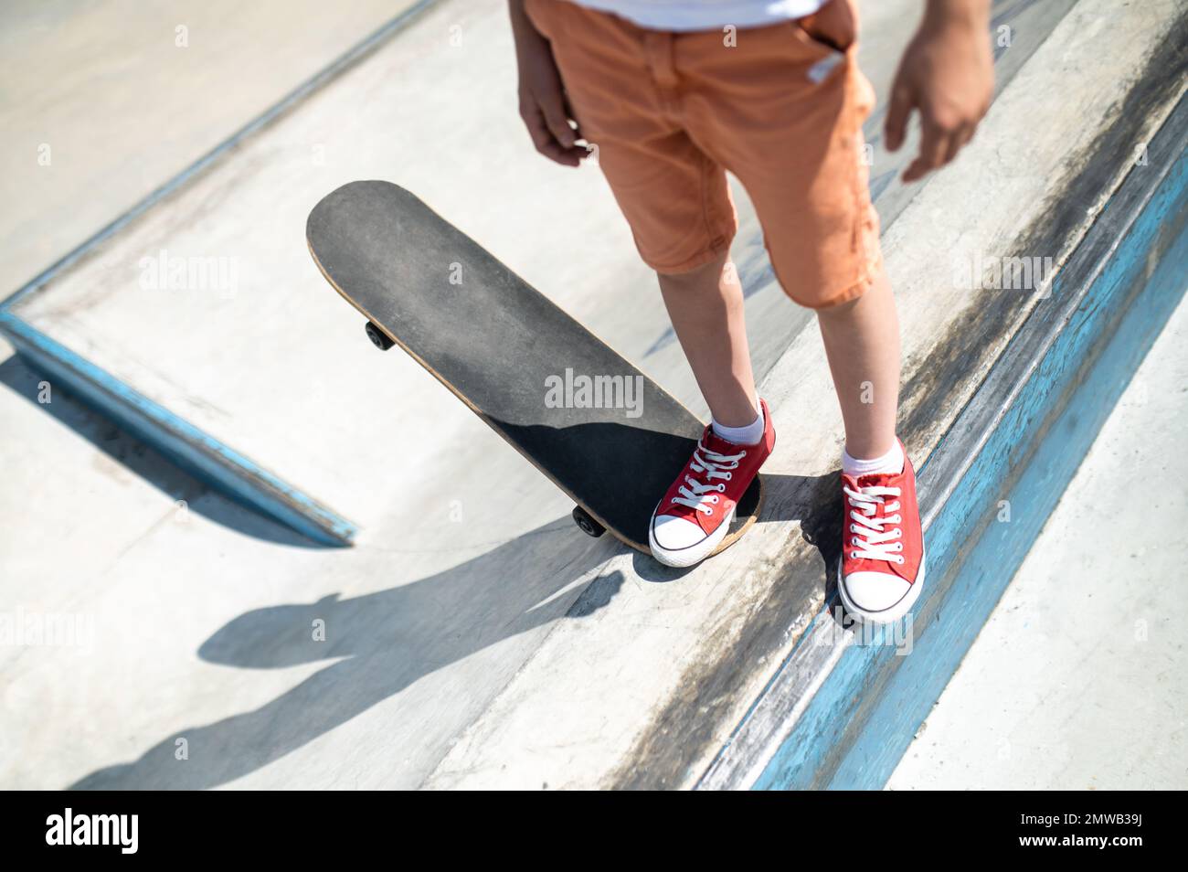 Skateboarder standing on the top of the skateboard ramp Stock Photo - Alamy