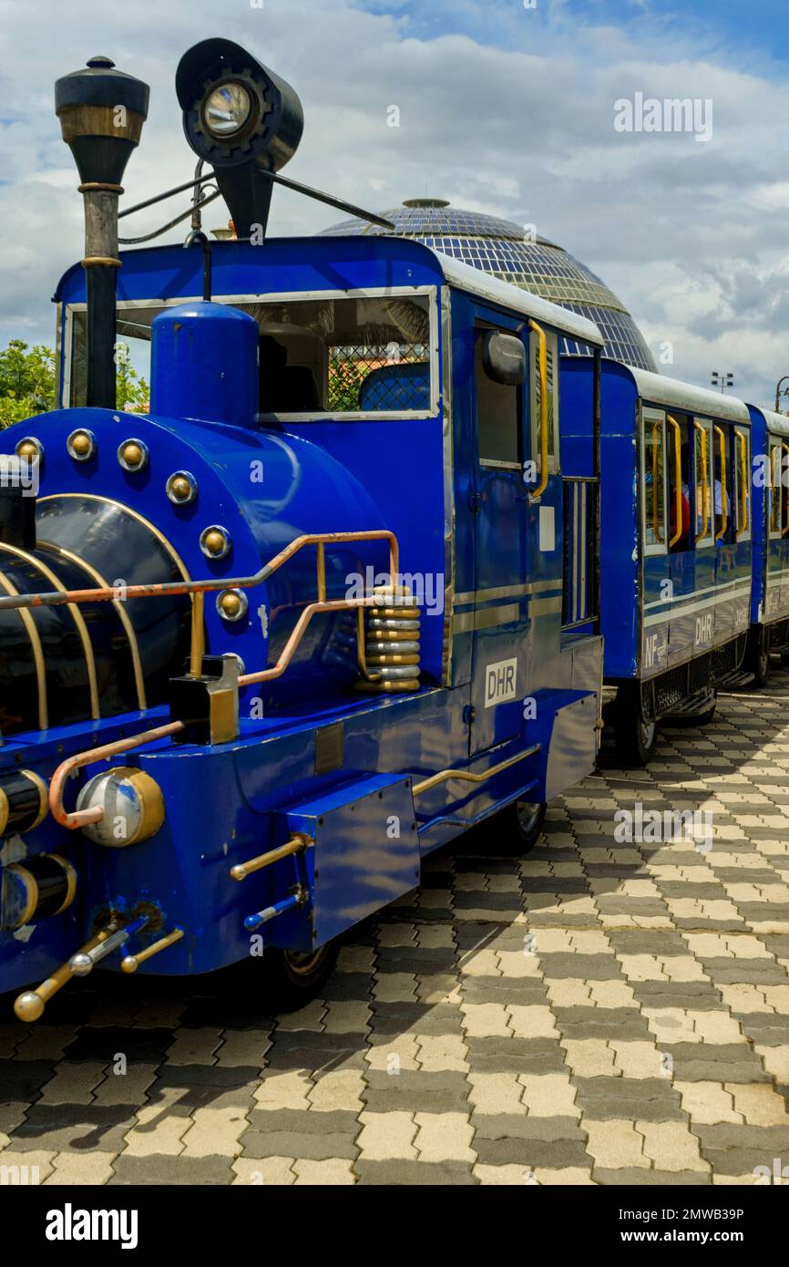 A blue colored electric toy train carrying people for a tour ride Stock ...