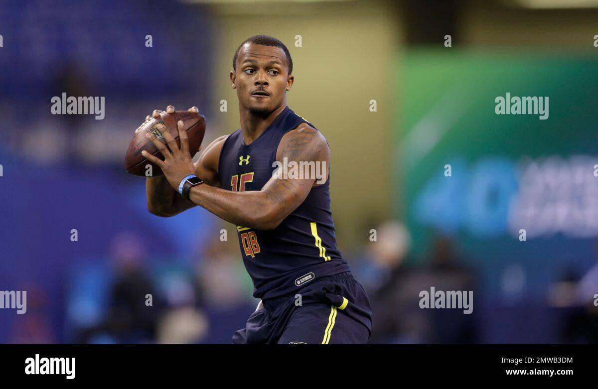 Clemson quarterback Deshaun Watson runs a drill at the NFL football ...