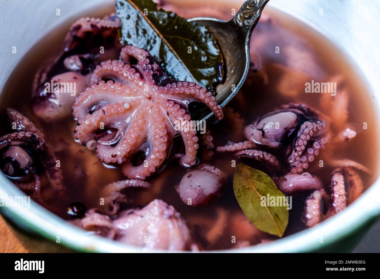 Boiled octopus is in the pan. Pulpo a la Gallega (Galician-style ...