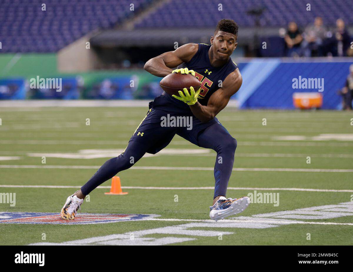 East Carolina wide receiver Zay Jones runs a drill at the NFL football ...