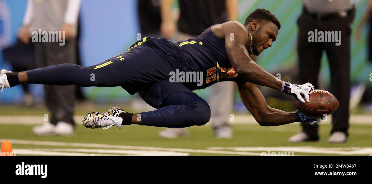 Penn State wide receiver Chris Godwin runs a drill at the NFL football ...