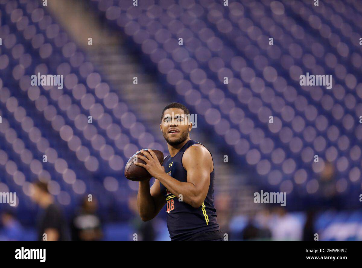 Virginia Tech quarterback Jerod Evans runs a drill at the NFL football ...