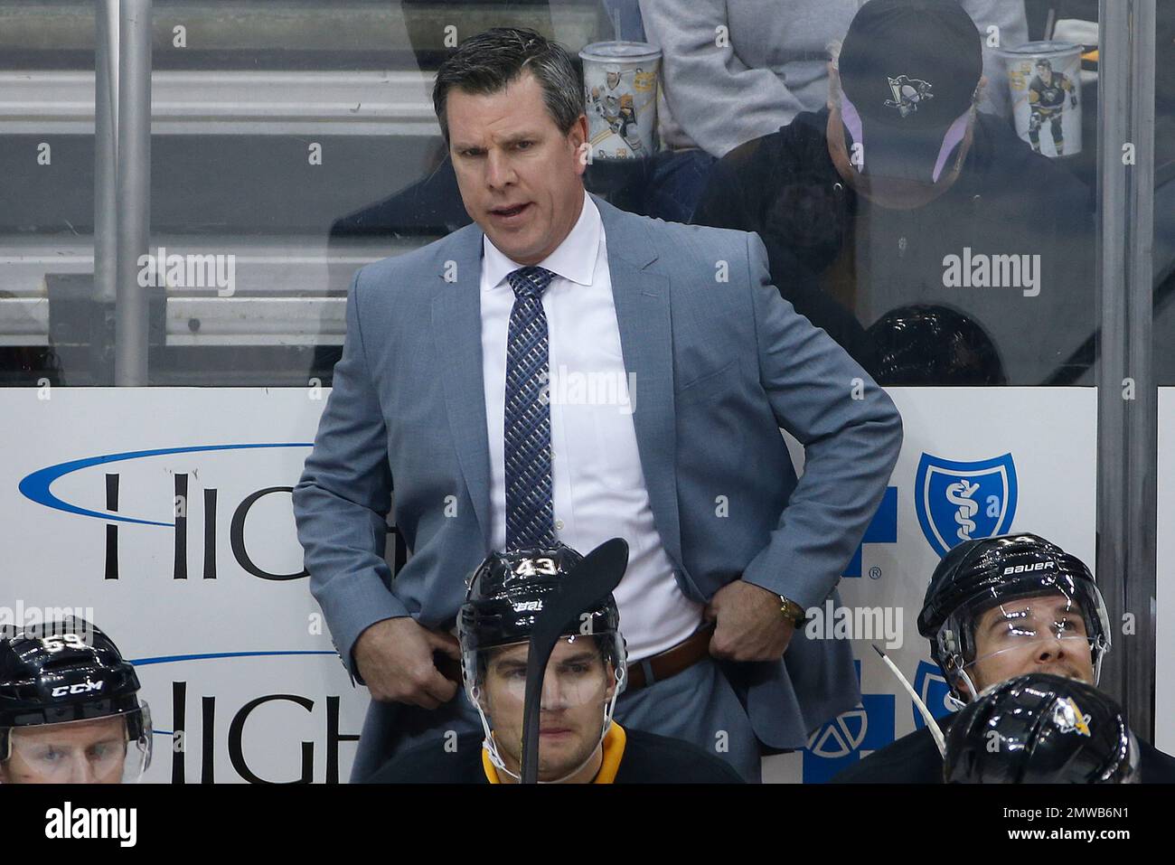 Pittsburgh Penguins head coach Mike Sullivan makes his point to an ...